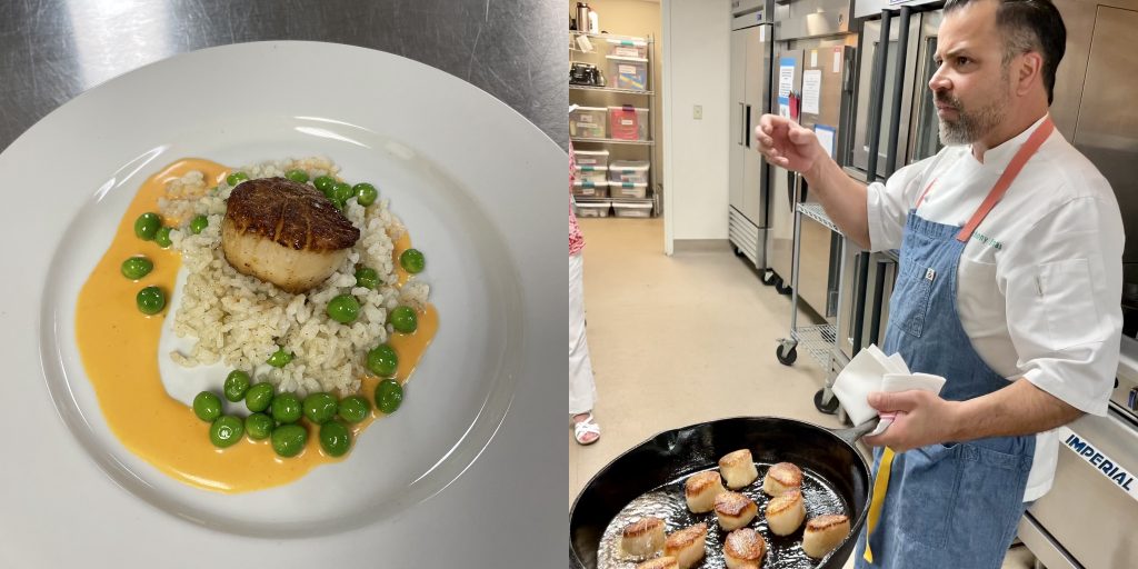 Chef Anthony Lamas demonstrates high-heat pan searing with a skillet ...