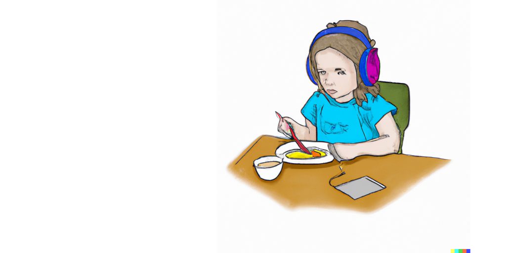 Cartoon image of a neurodivergent child enjoying a meal while wearing ...